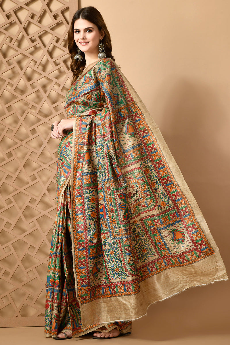 Pure Tussar Silk Saree with Hand Crafted Madhubani Art | Unique ...