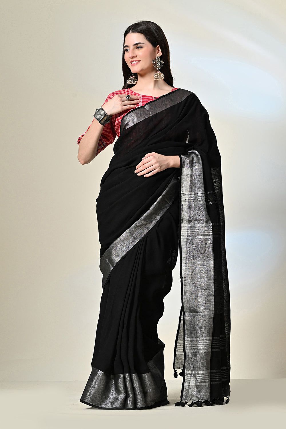 Pure Black Organic Linen Saree for Conscious Fashionistas | 6.5 Mtr ...
