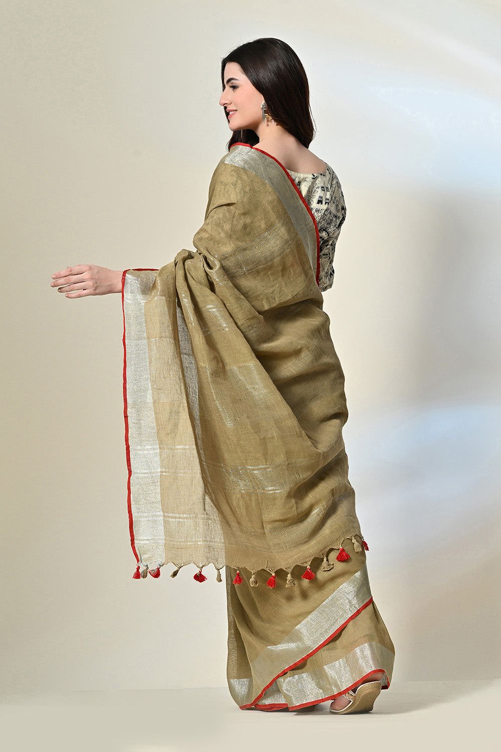 Exquisite Mustard Linen Saree with Red Border | Handloom Pomegranate ...