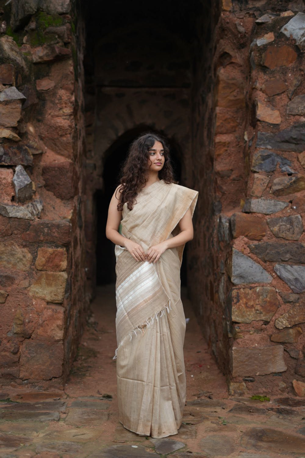 Handloom Natural Colour Desi Tussar Silk Saree with White Stripe Borde